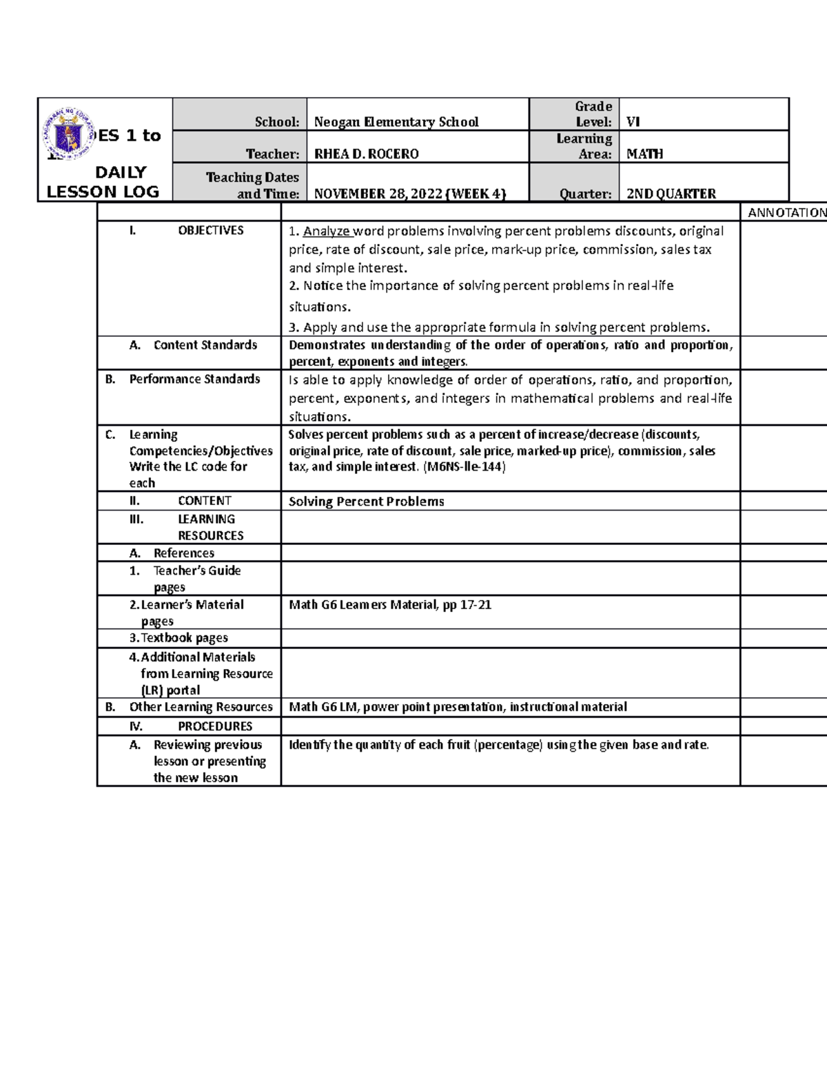 Solving Percent Problems - GRADES 1 to 12 DAILY LESSON LOG School ...