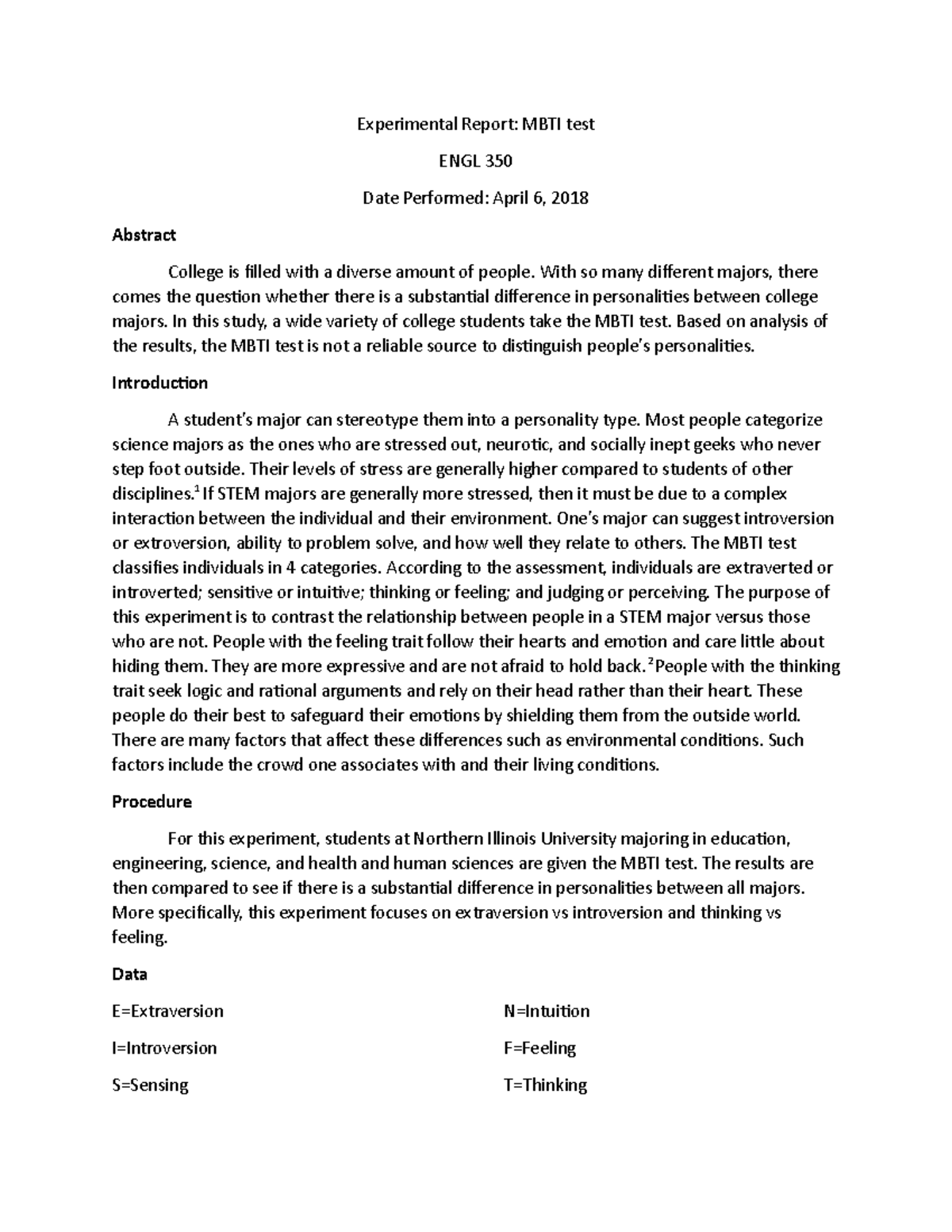 Engl 350 experiment report - Experimental Report: MBTI test ENGL 350 ...