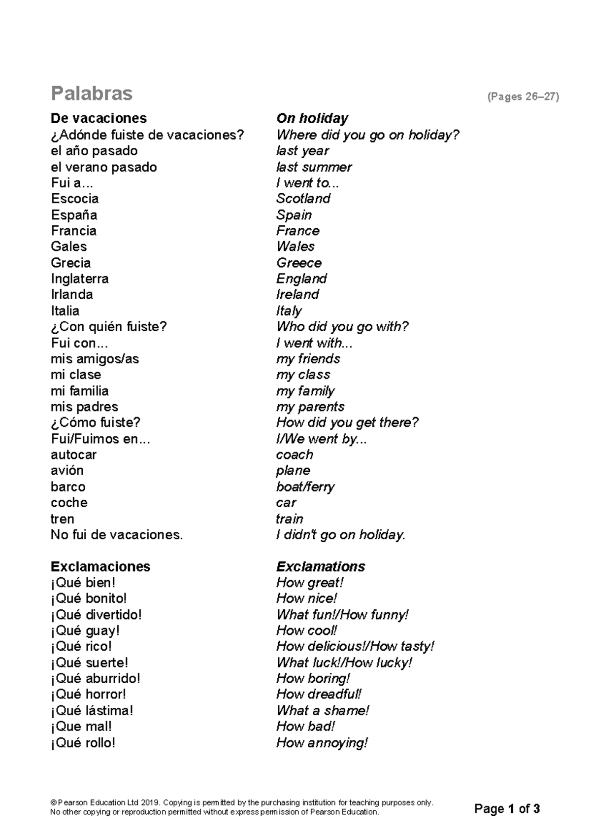 Mis vacaciones - Vocabulary Sheet for Module X 1 - MMODULEODULE X 1 ...