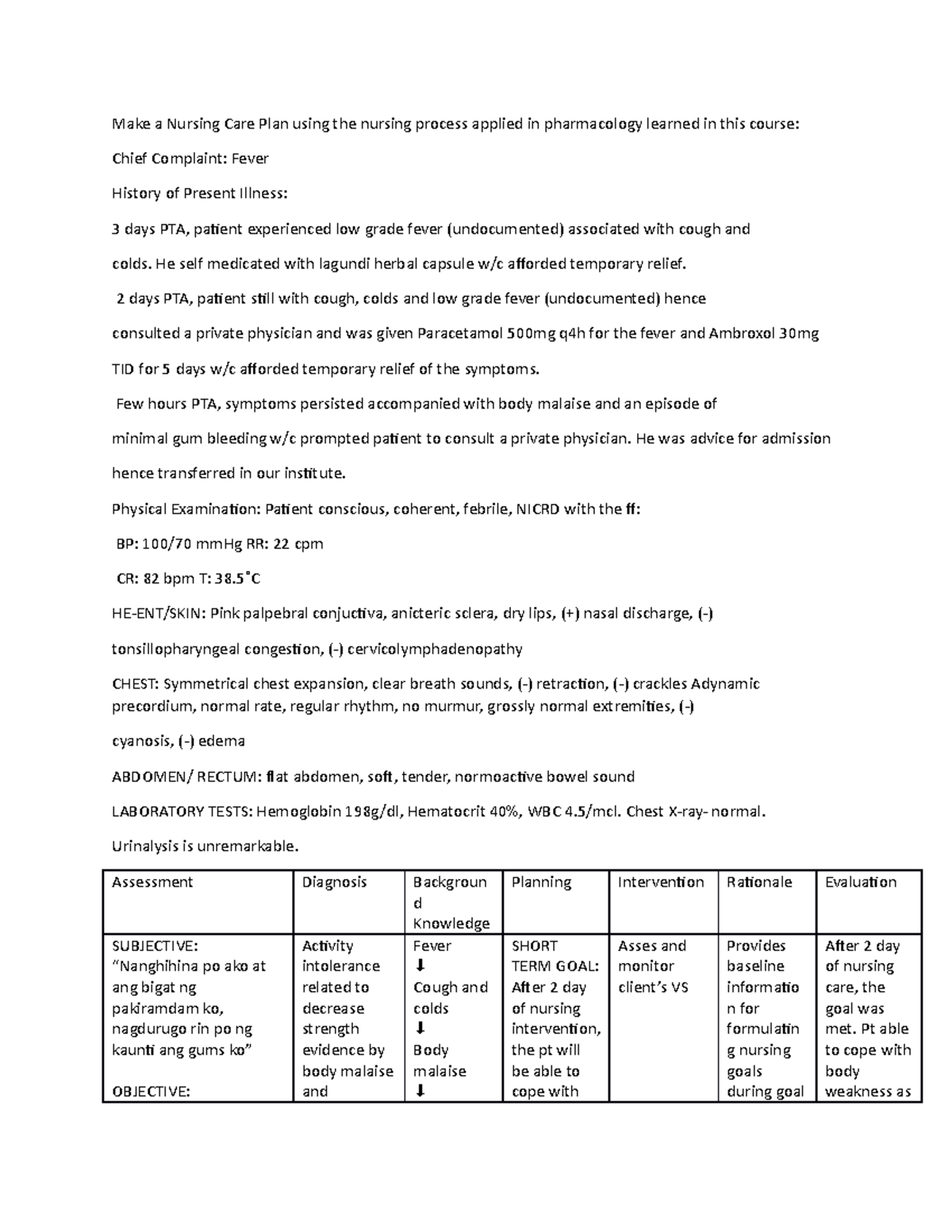 Pharma Task 4 Making An Nursing Care Plan Make A Nursing Care Plan