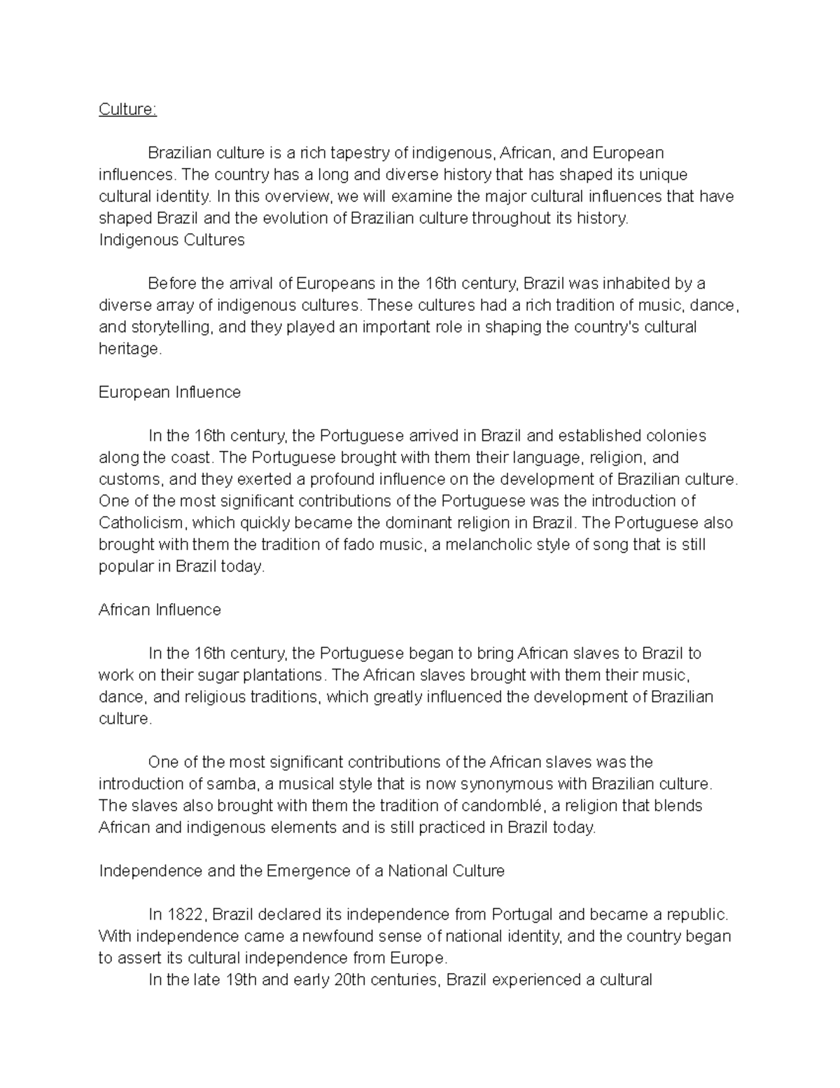 Brazilian History Notes - Culture: Brazilian culture is a rich tapestry ...