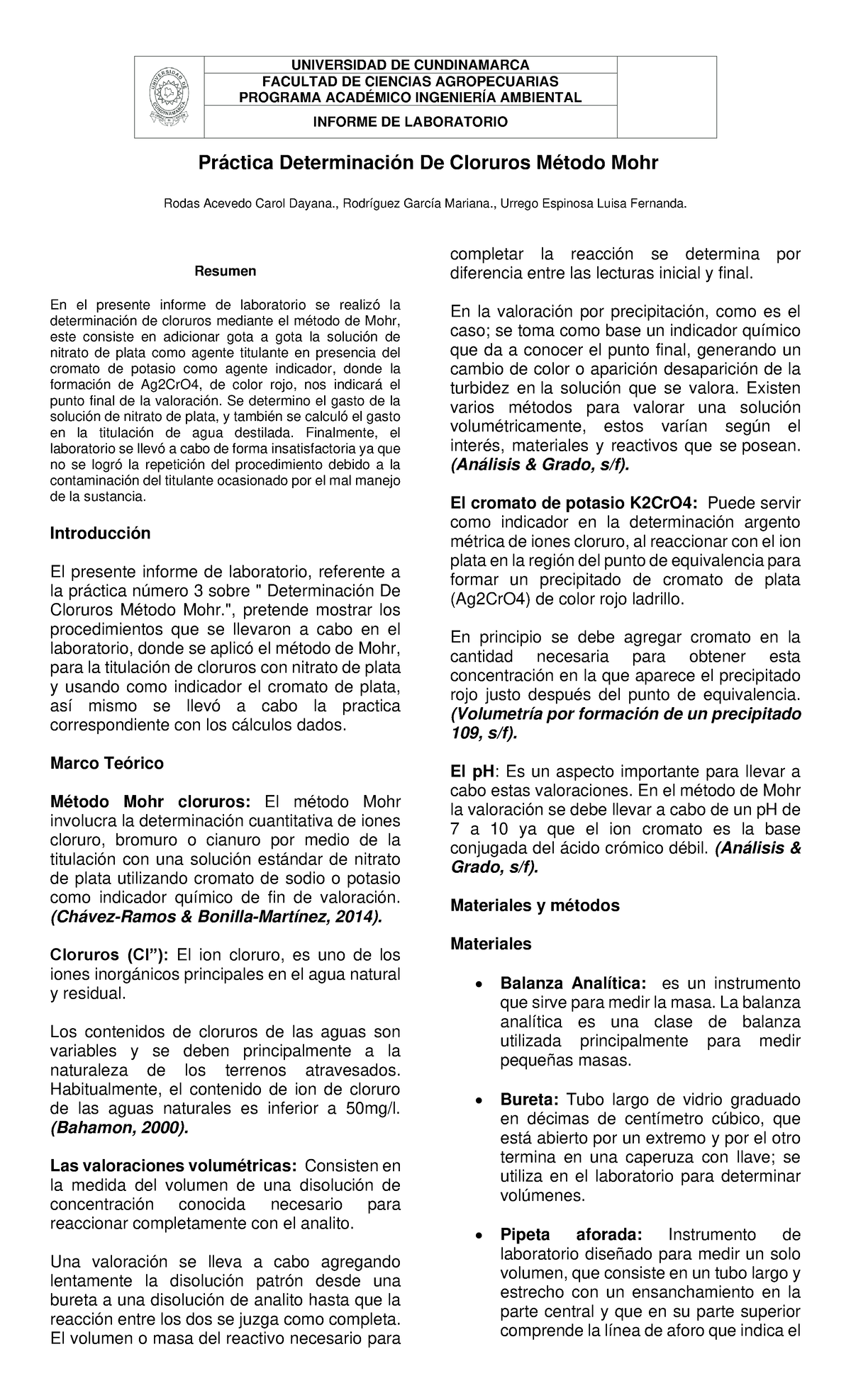 Práctica Determinación De Cloruros. Método Mohr - FACULTAD DE CIENCIAS AGROPECUARIAS PROGRAMA ...