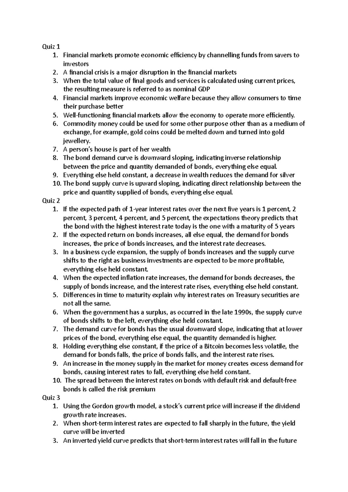 ECON2026 - Quiz answers - Quiz 1 1. Financial markets promote economic ...