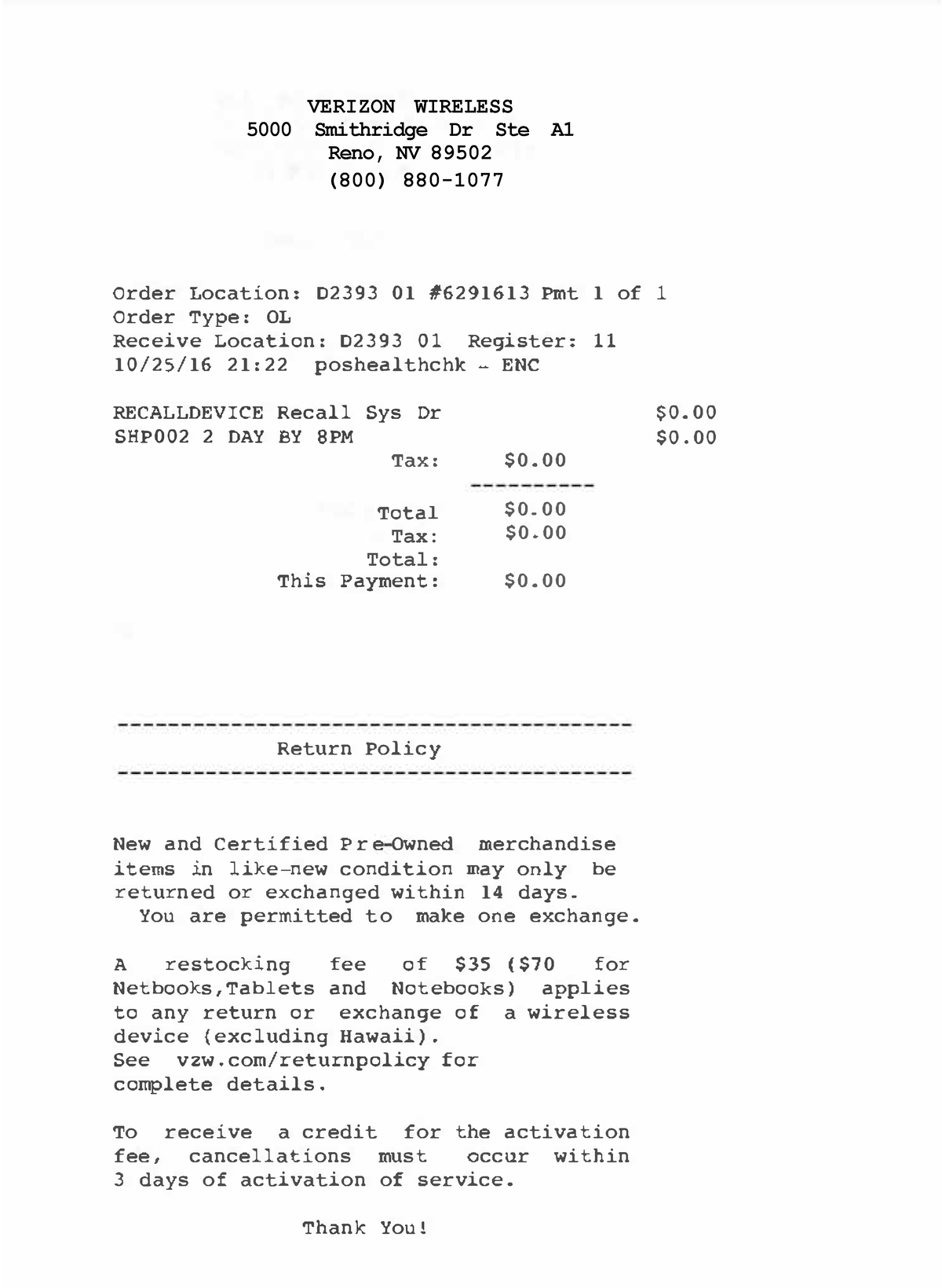 Verizon receipt - VERIZON WIRELESS 5000 Smithridge Dr Ste A Reno, NV ...