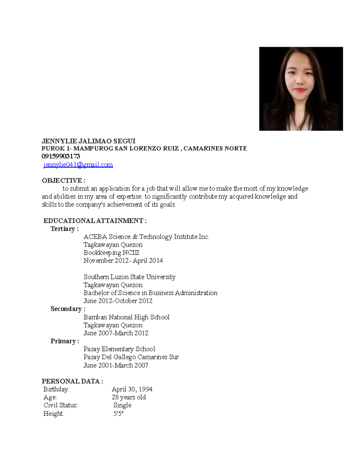 Ate Resume.docx - for dl - JENNYLIE JALIMAO SEGUI PUROK 1- MAMPUROG SAN LORENZO RUIZ , CAMARINES ...