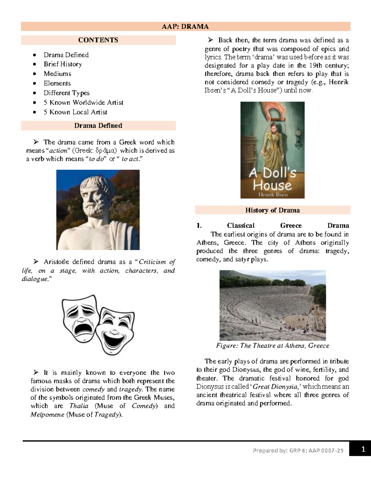 Drama Handout - AAP: DRAMA CONTENTS Drama Defined Brief History Mediums ...