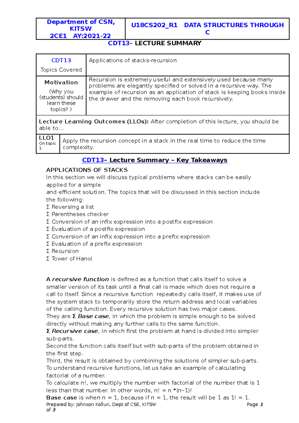 DS 13 Summary - Notes for DS - Department of CSN, KITSW 2CE1 AY:2021 ...