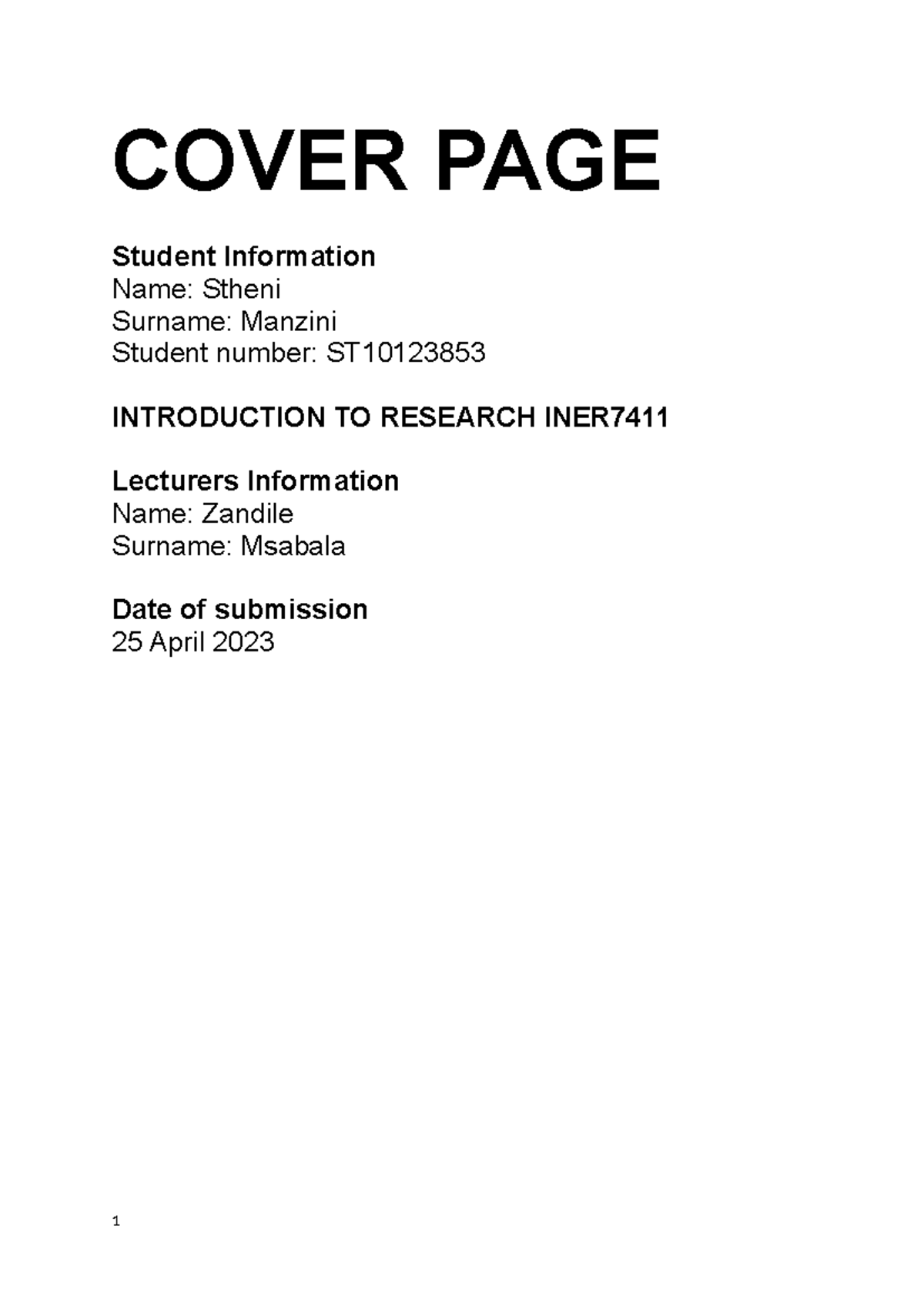 Document ye Research Manzini copy - COVER PAGE Student Information Name ...