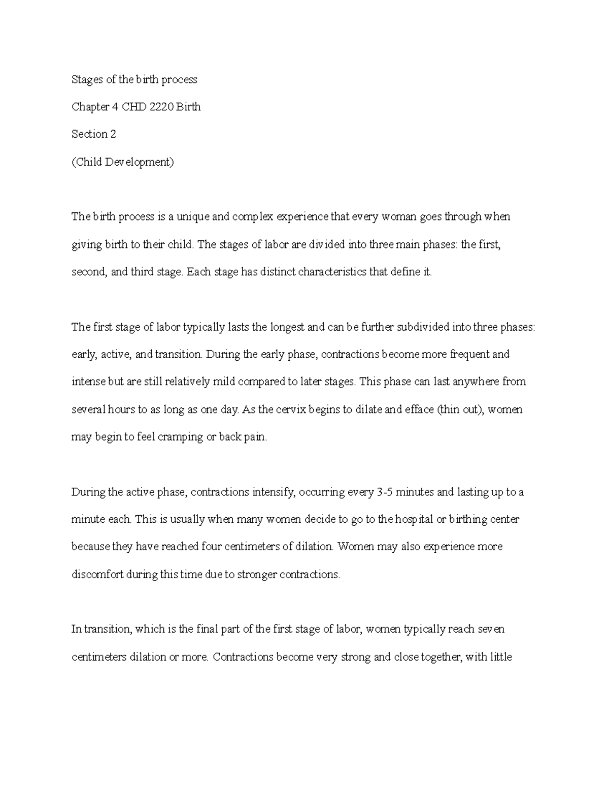 Stages of the birth process - Stages of the birth process Chapter 4 CHD ...