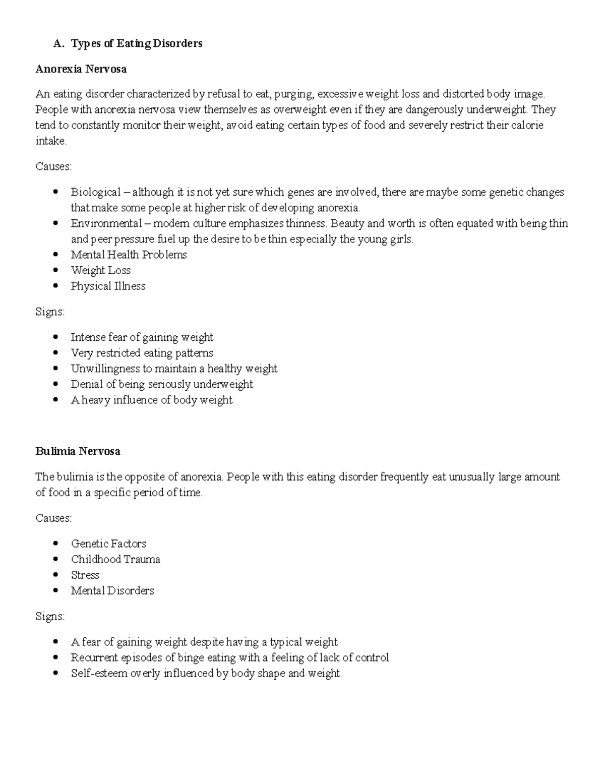 Hunger, Eating and Health - A. Types of Eating Disorders Anorexia ...