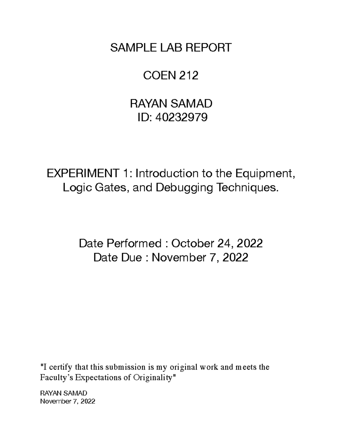 COEN 212 LAB Report 1 - lab 1 - SAMPLE LAB REPORT COEN 212 RAYAN SAMAD ...