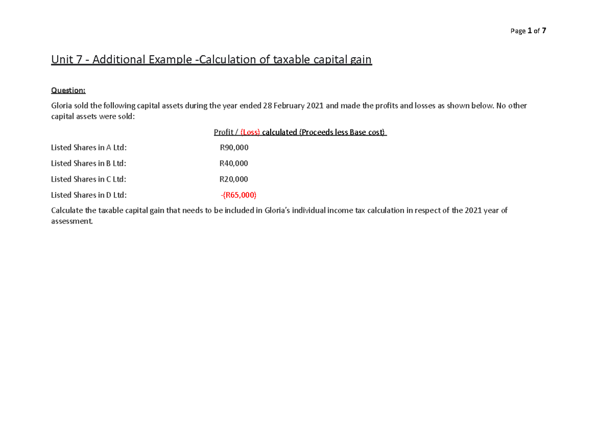 Unit 7 - Example -Calculation of taxable capital gain revision - Unit 7 ...