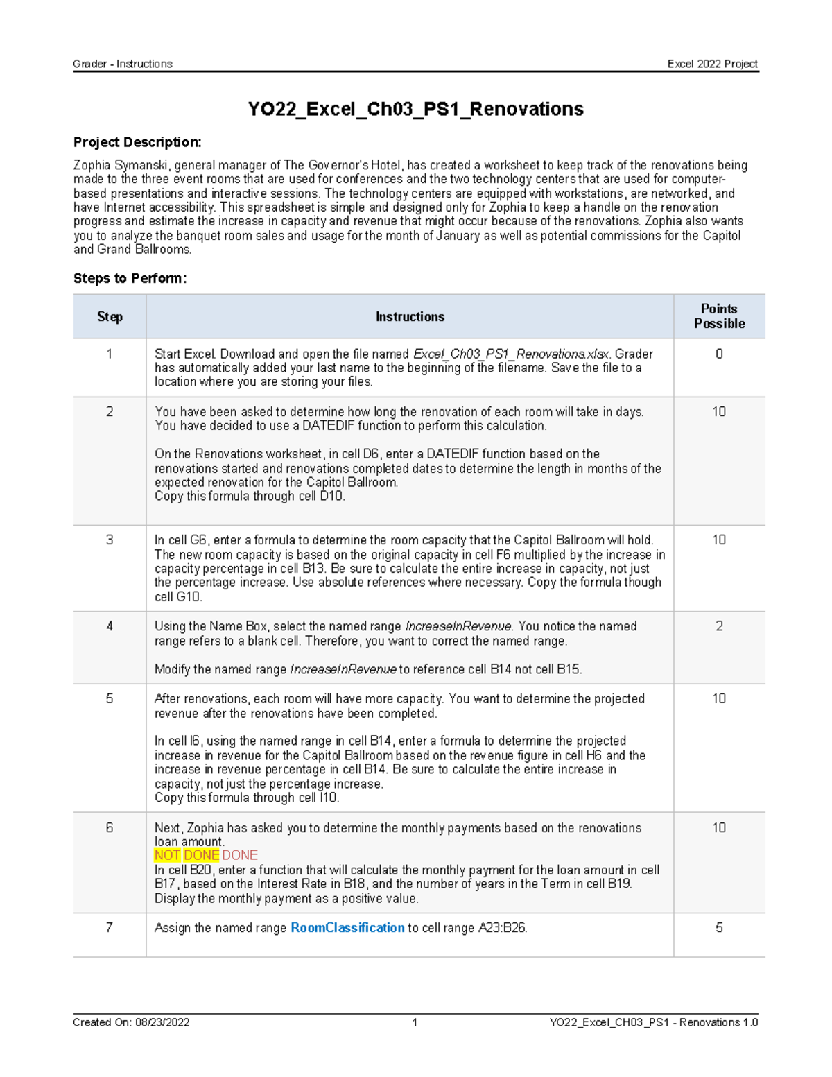 YO22 Excel Ch03 PS1 Renovations Instructions - Grader - Instructions Excel 2022 Project - Studocu