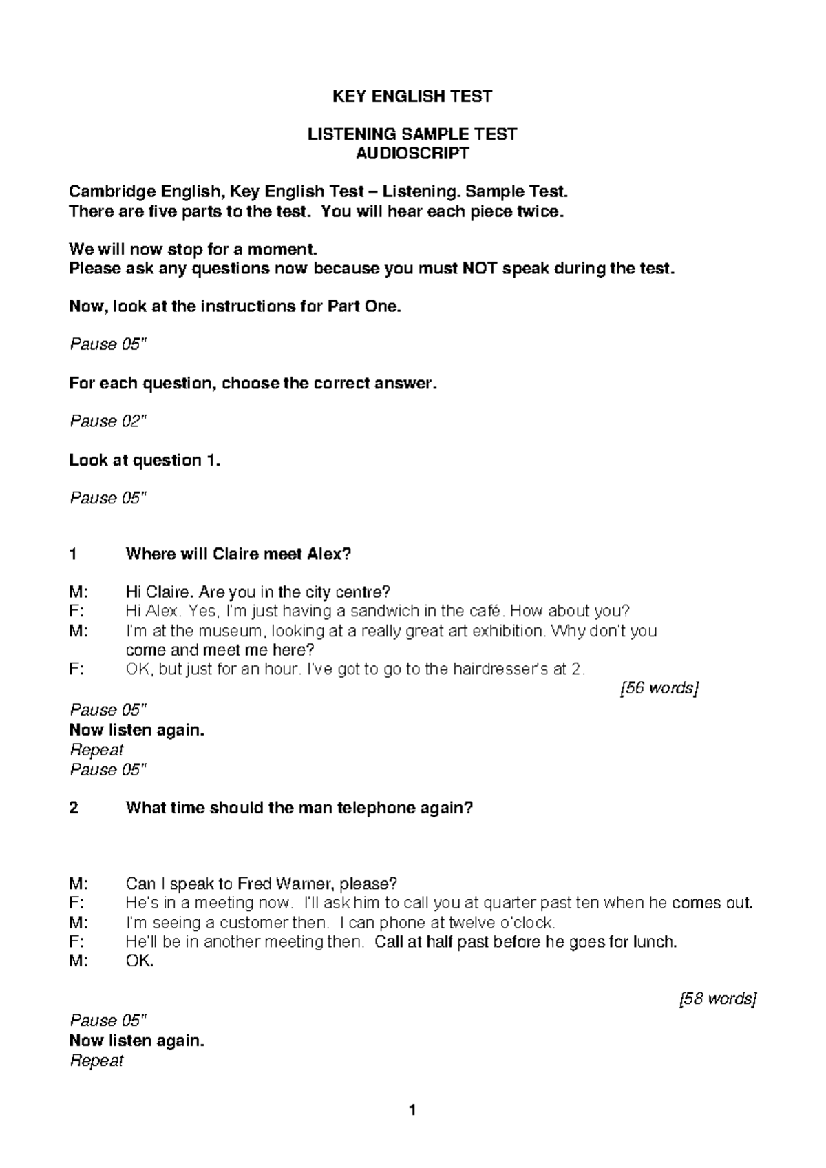 A2 Key 2020 sample tests Listening tape script - KEY ENGLISH TEST ...
