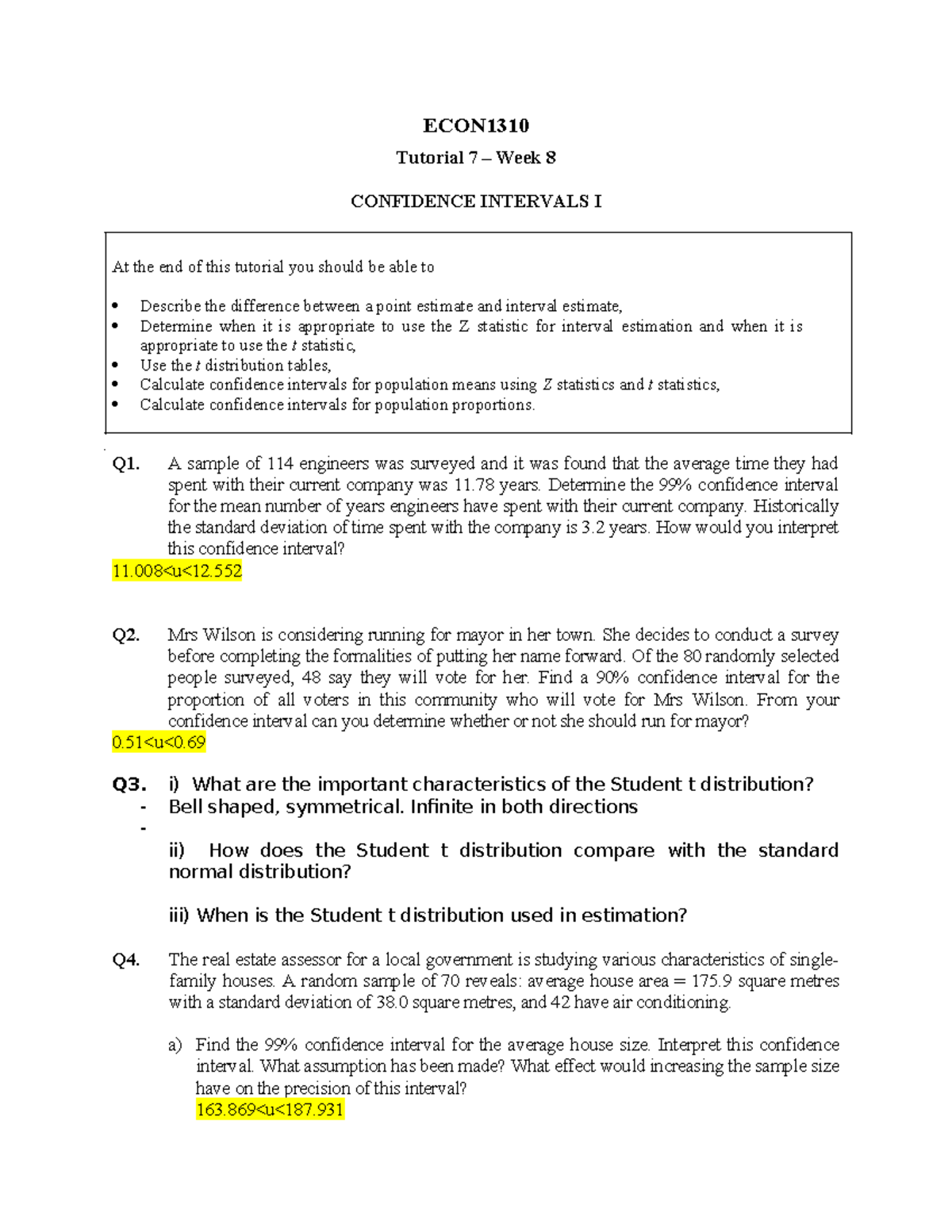 ECON1310 Tutorial 7 - tut 7 - ECON Tutorial 7 – Week 8 CONFIDENCE INTERVALS I At the end of this ...