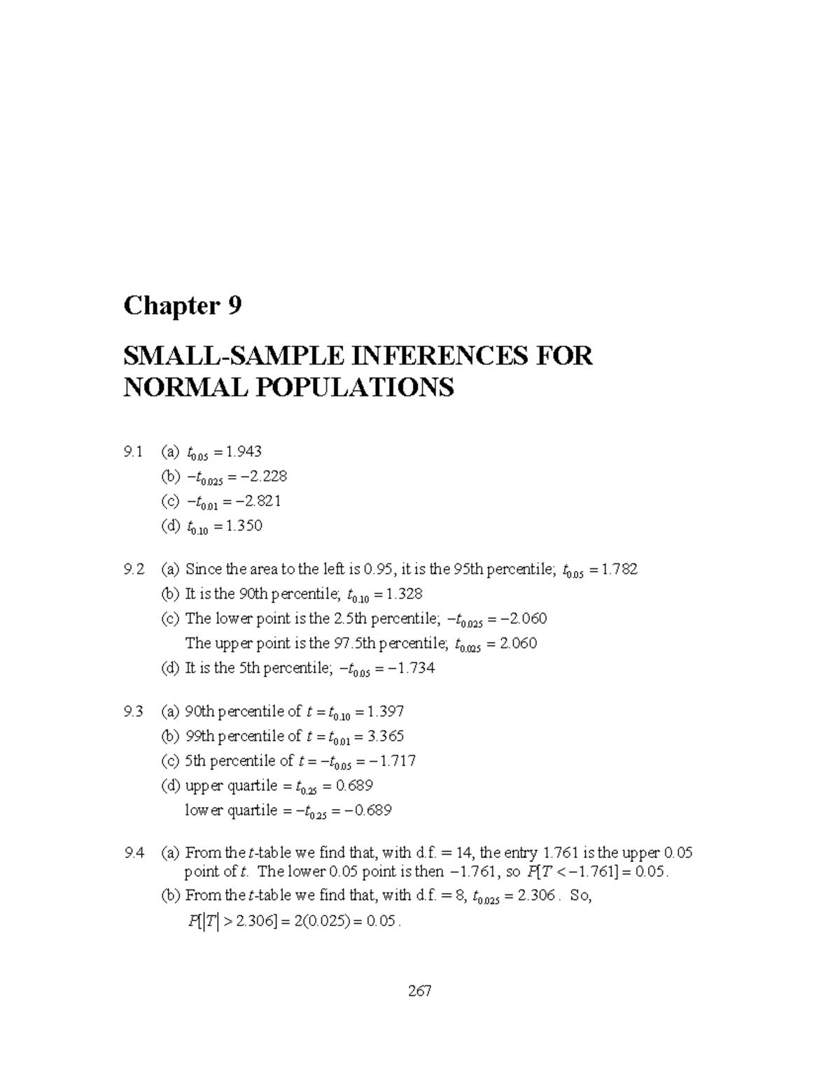 Ch09 Small- Sample Inferences FOR - 267 Chapter 9 SMALL-SAMPLE INFERENCES FOR NORMAL POPULATIONS ...
