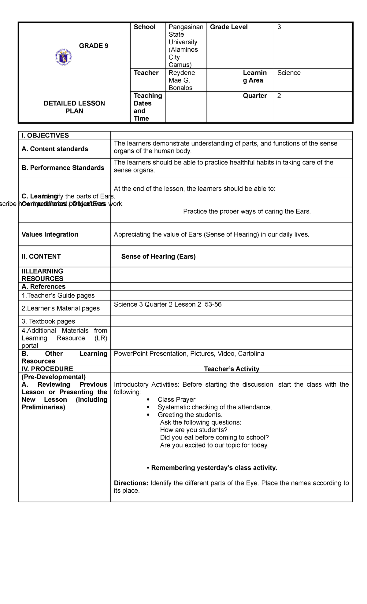 Bonalos LP - Lesson plan - GRADE 9 School Pangasinan State University ...