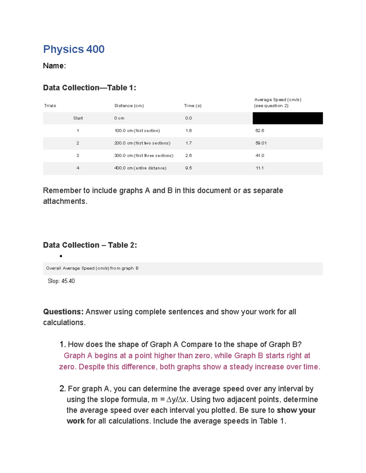 Physics 400 - Hope it helps - Physics 400 Name: Data Collection—Table 1 ...