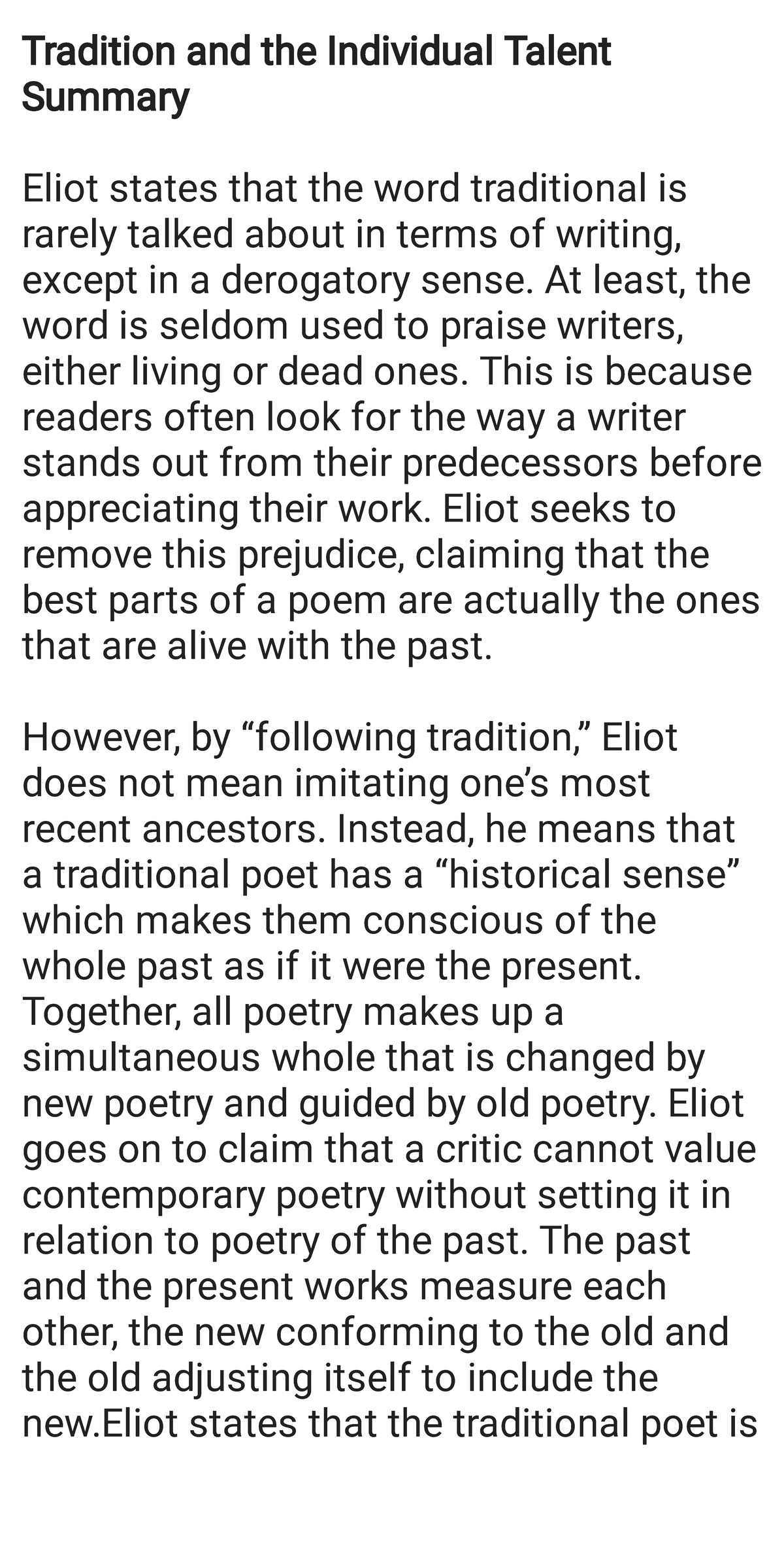 Eliot 1 - Summarising the essay - Tradition and the Individual Talent ...