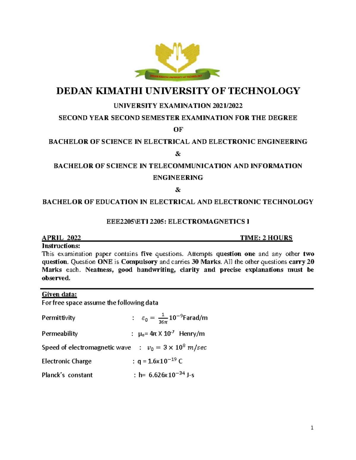 EEE2205 Electromagnetics I - DEDAN KIMATHI UNIVERSITY OF TECHNOLOGY UNIVERSITY EXAMINATION 2021 ...