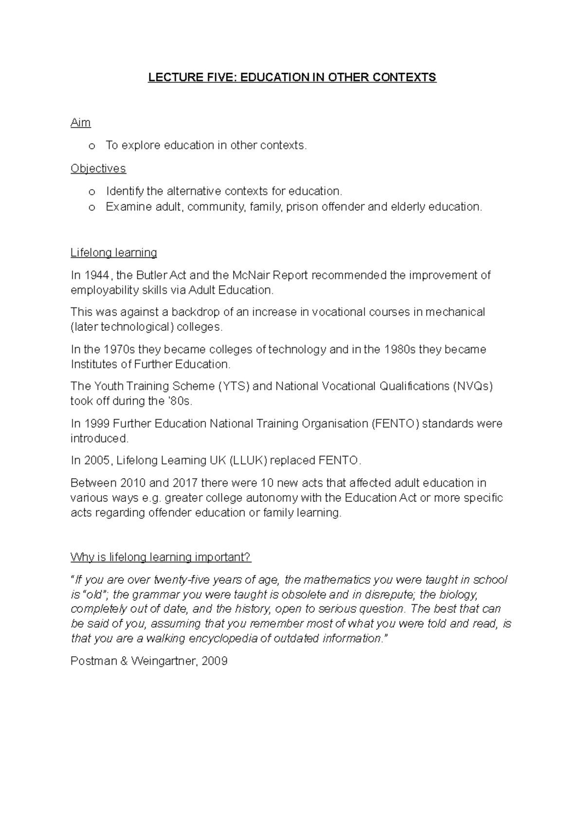 Lecture 5- Education in other contexts - LECTURE FIVE: EDUCATION IN ...