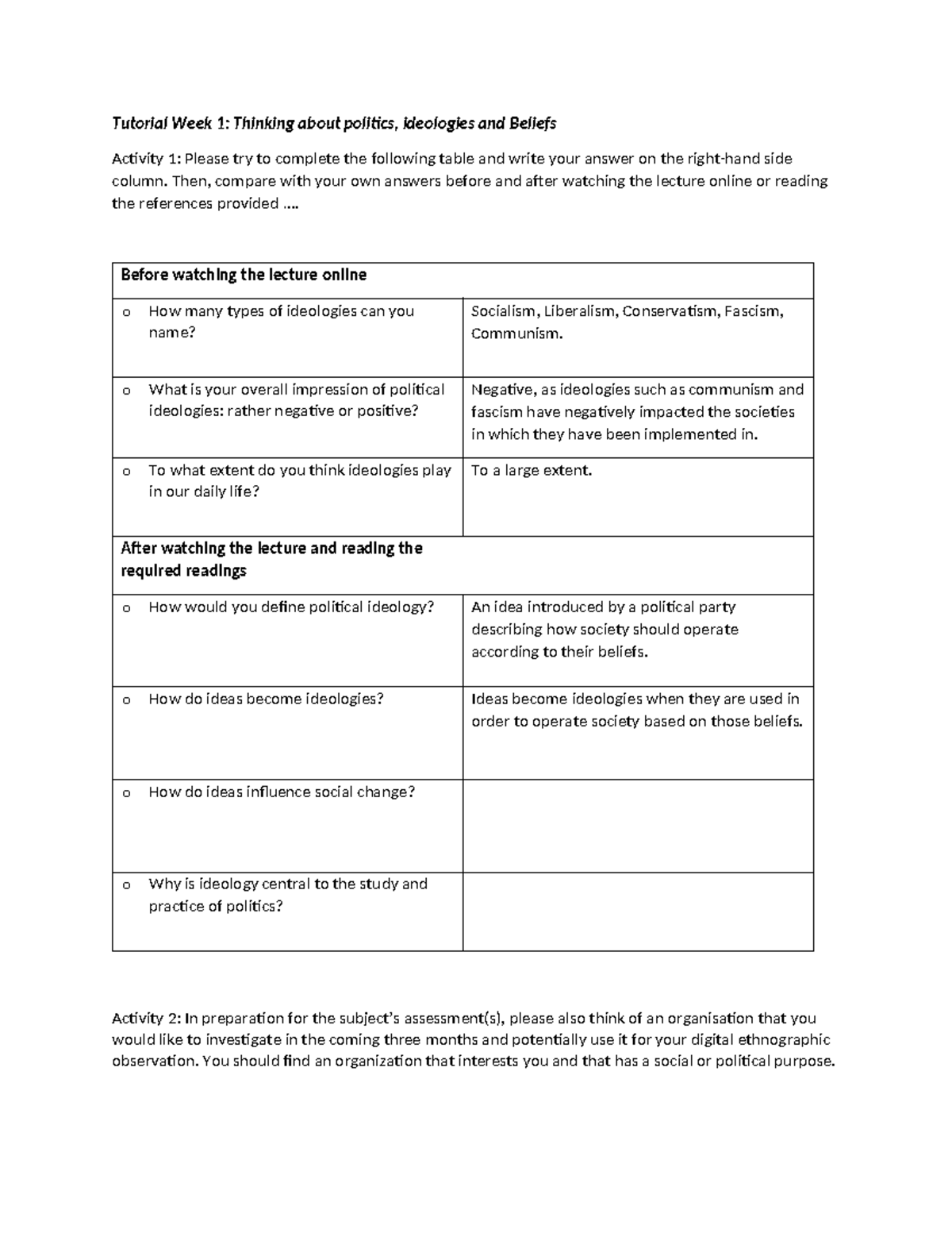 Tutorial Week 1 activities - Tutorial Week 1: Thinking about politics, ideologies and Beliefs ...