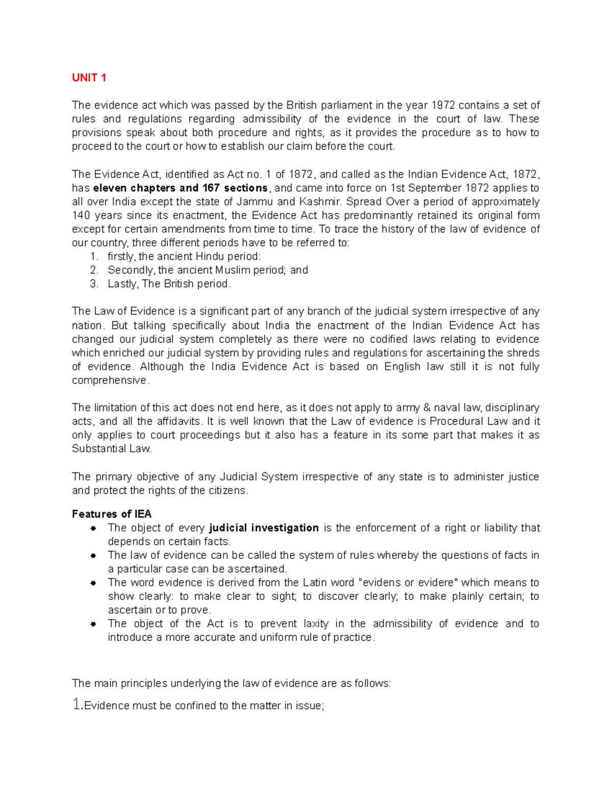 Evidence law Deeps - UNIT 1 The evidence act which was passed by the ...