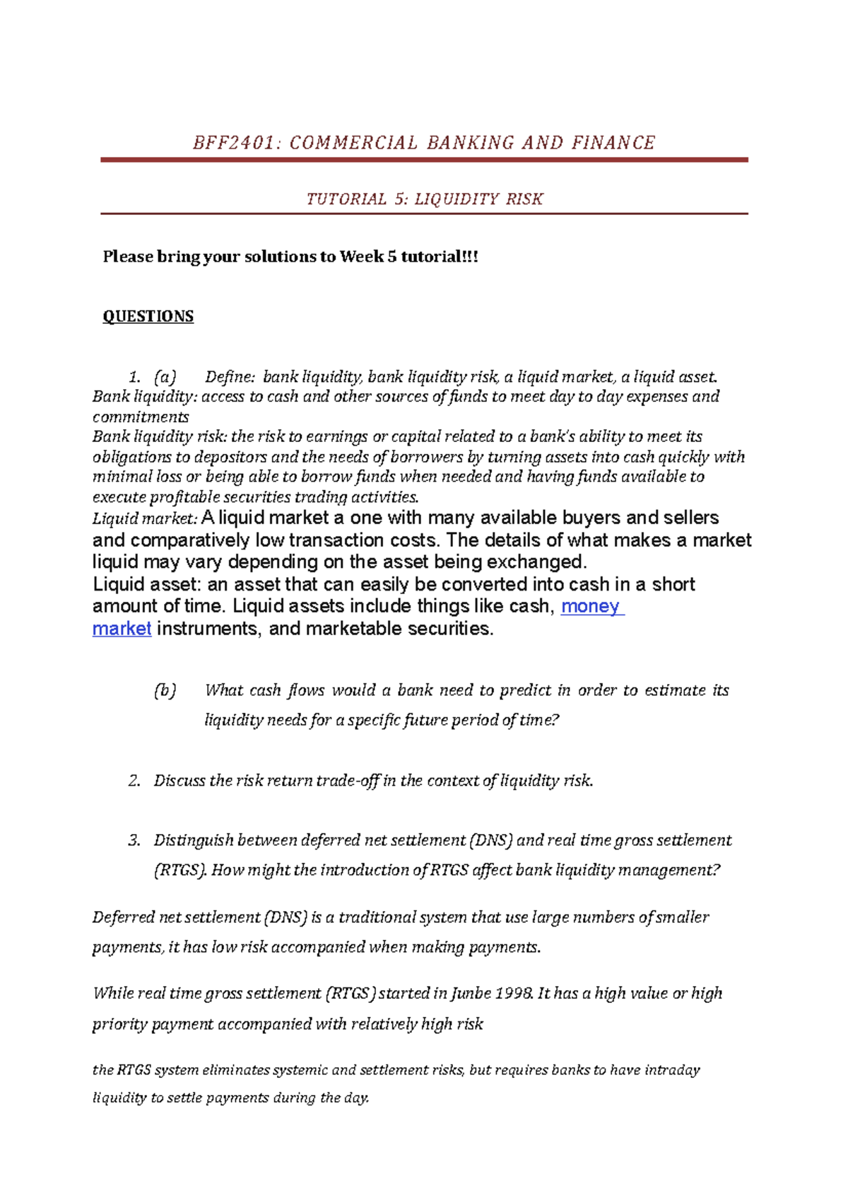 Tutorial questions - week 5 - BFF2401: COMMERCIAL BANKING AND FINANCE ...