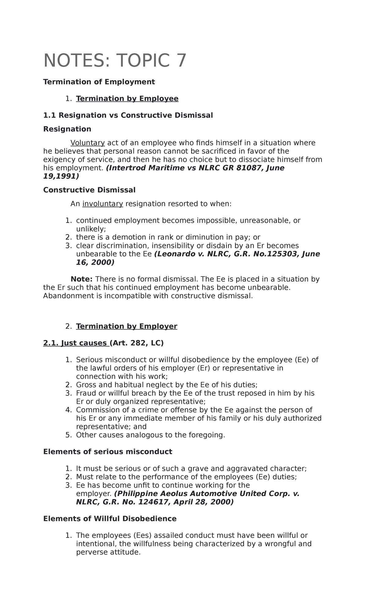 Notes 7 - NOTES: TOPIC 7 Termination of Employment Termination by ...