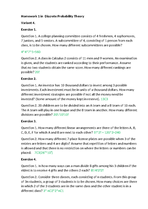 Variant 2 - Quiz 1 in Discrete Probability Theory Variant 2. Exercise 1 ...