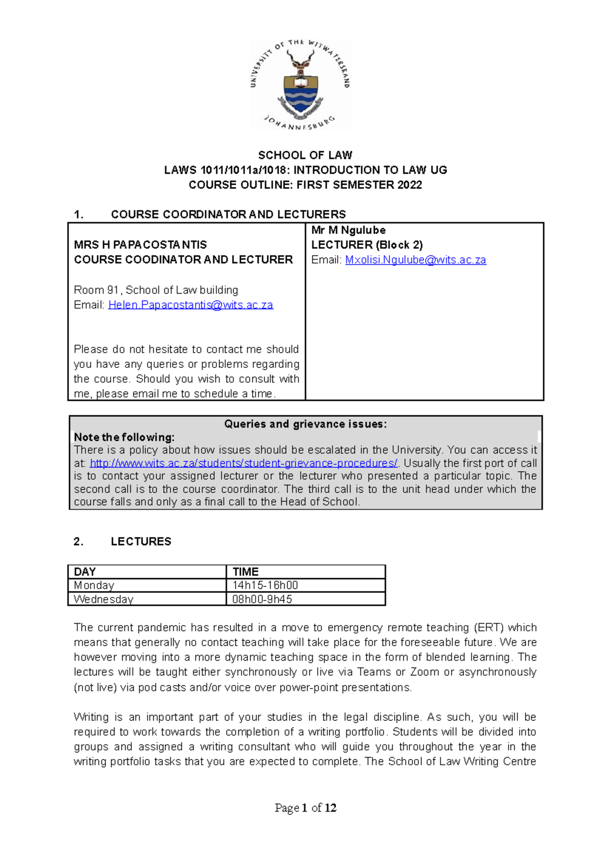 Intro TO LAW UG SEM1 Outline March 2022 - SCHOOL OF LAW LAWS 1011/1011a ...