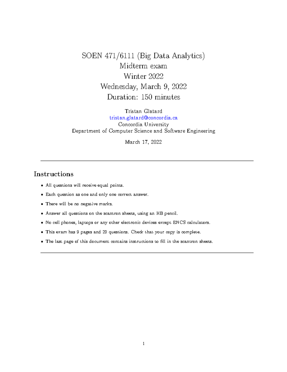 Midterm Exam Review with answers - SOEN 471/6111 (Big Data Analytics) Midterm exam Winter 2022 ...