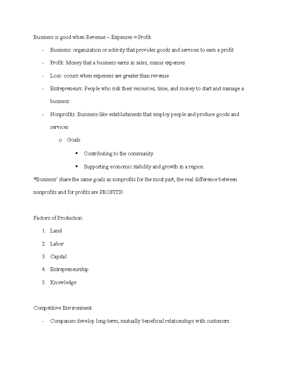 Intro to Bus 1-24 - Notes from the in-class lectures - Business is good ...