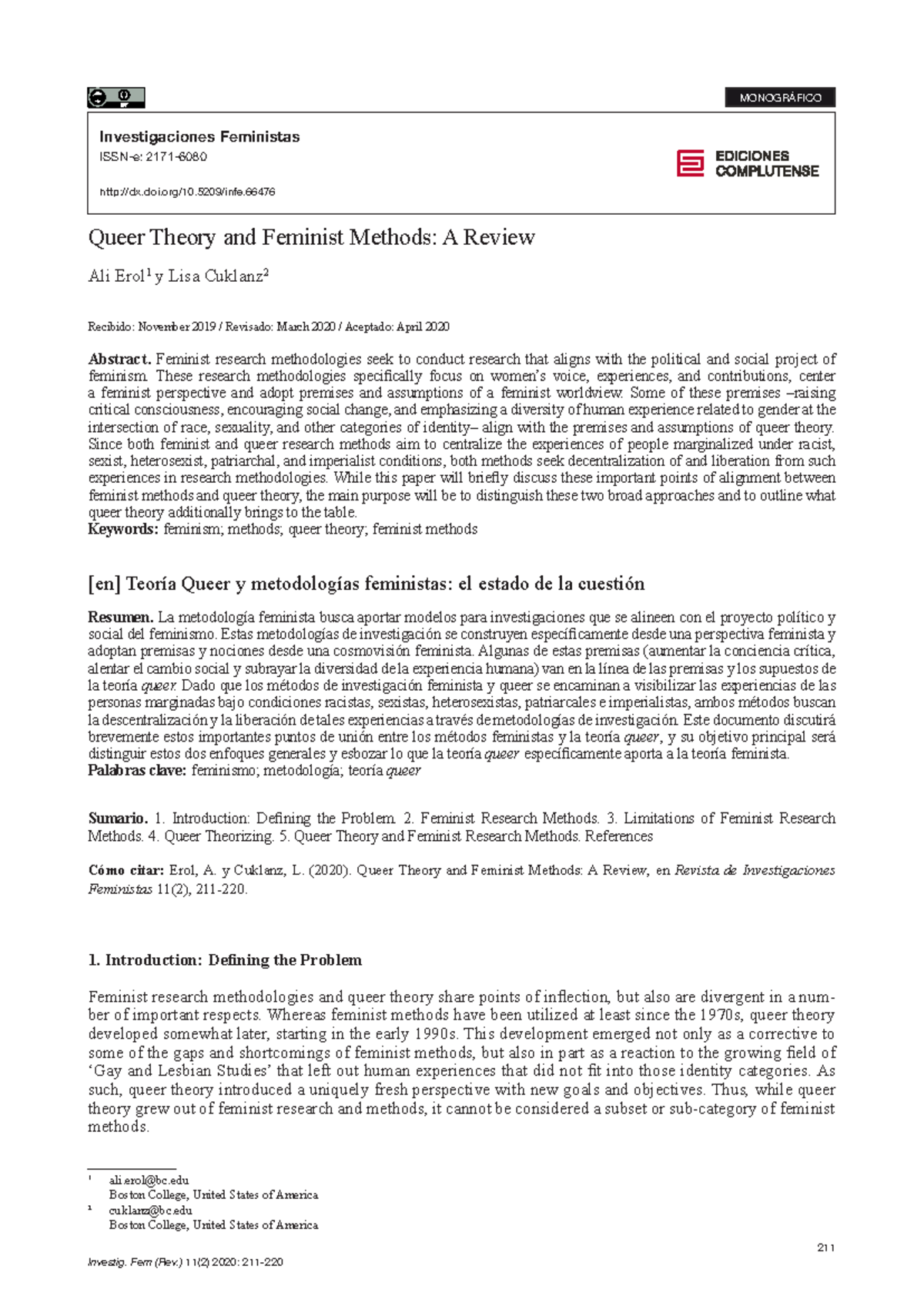 Queer theory feminist methods - 211 Investig. Fem (Rev.) 11(2) 2020: ...