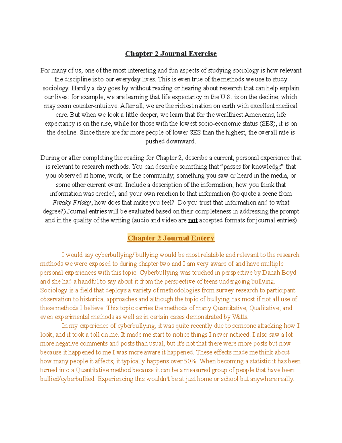 Chapter 2 Journal Exercise - Chapter 2 Journal Exercise For many of us ...