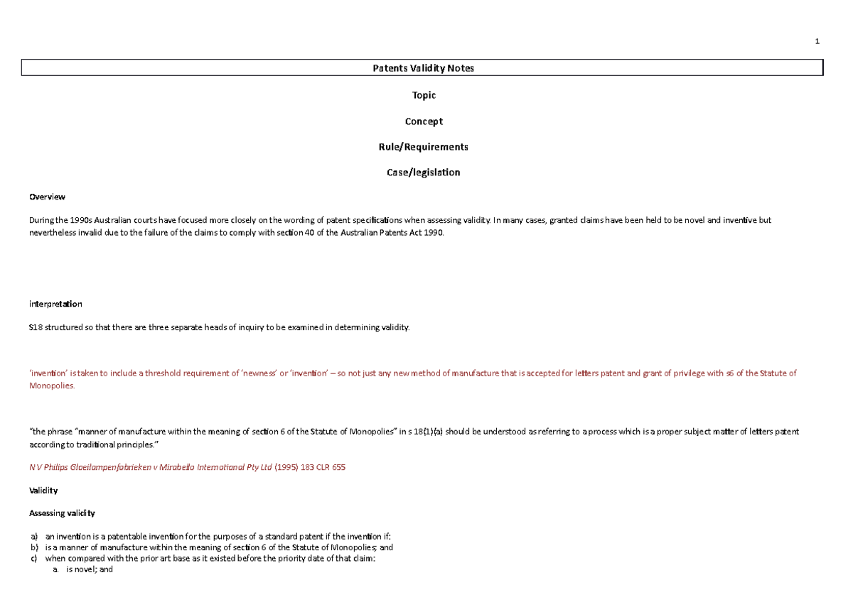 Patents validity notes a - Patents Validity Notes Topic Concept Rule ...