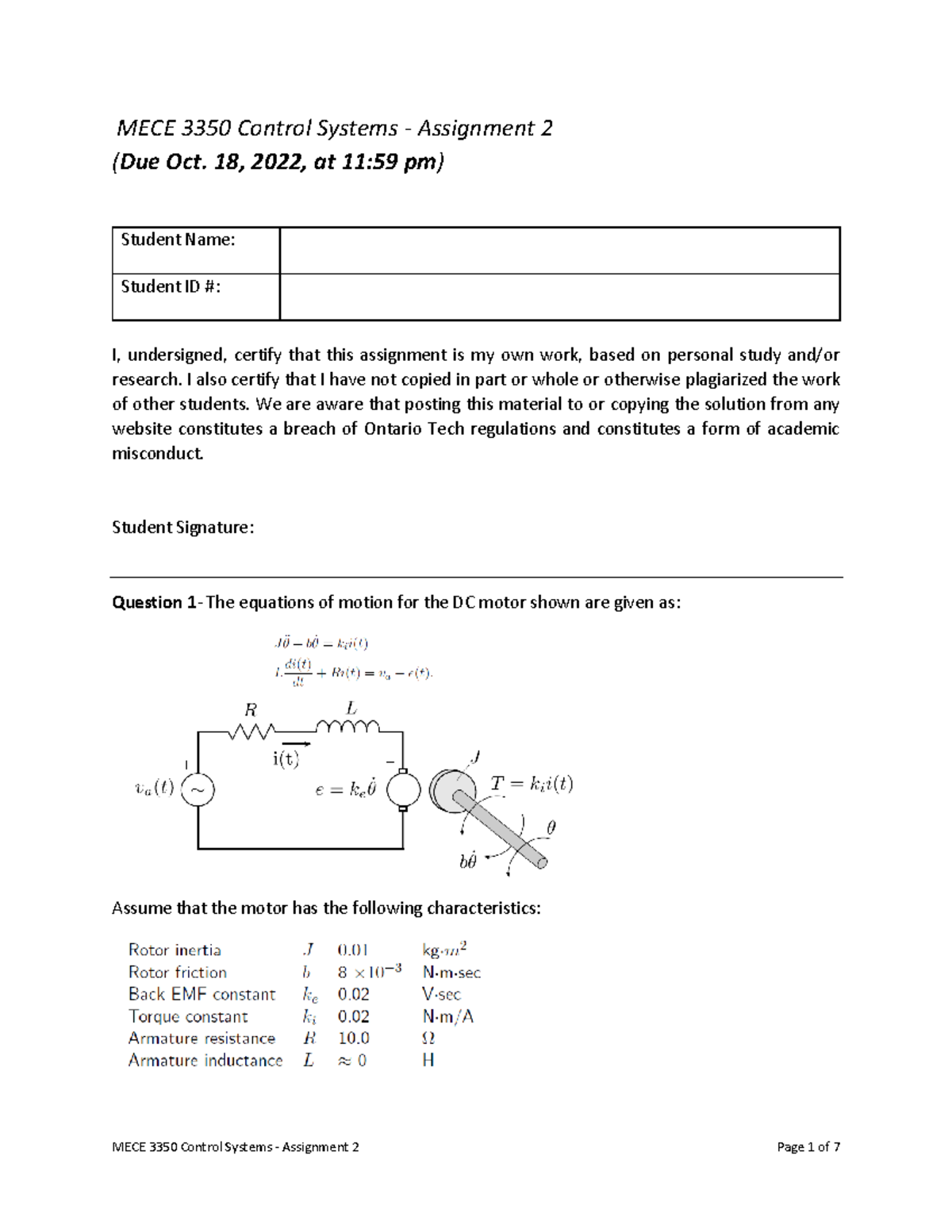 MECE 3350 Control Systems Assignment 2 - MECE 3350 Control Systems ...