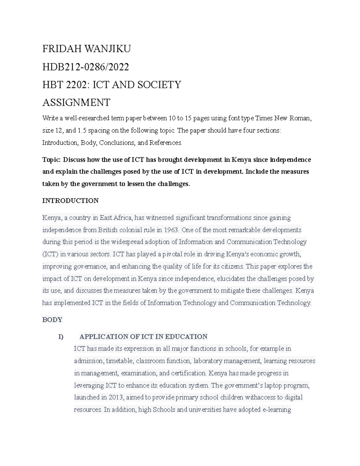 Fridah Wanjik 1 - Good for revision - FRIDAH WANJIKU HDB212-0286/ HBT 2202: ICT AND SOCIETY ...