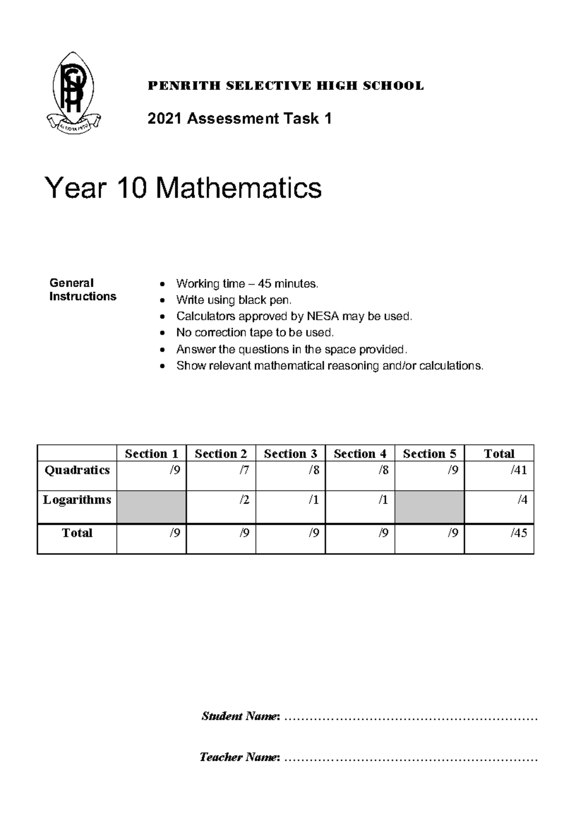 2021 Yr10 Task1 - PENRITH SELECTIVE HIGH SCHOOL 2021 Assessment Task 1 ...