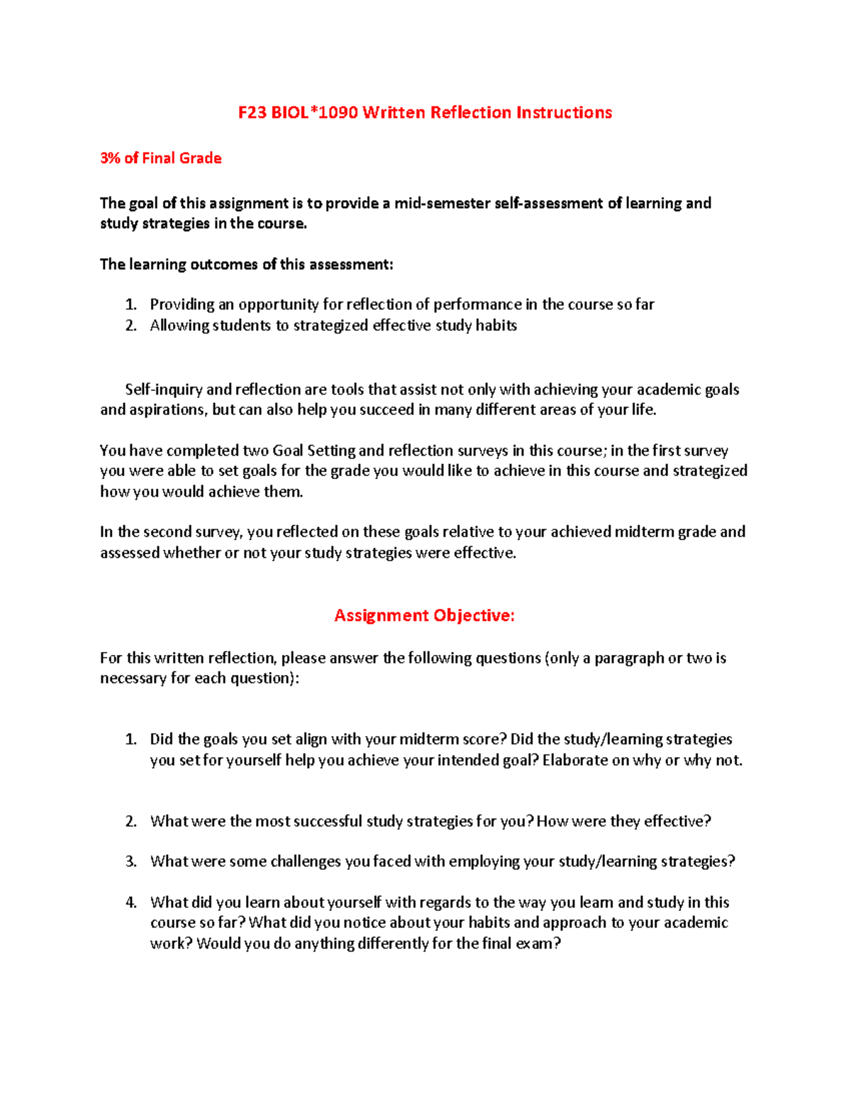 Written reflection assignment instructions - F23 BIOL*1090 Written ...