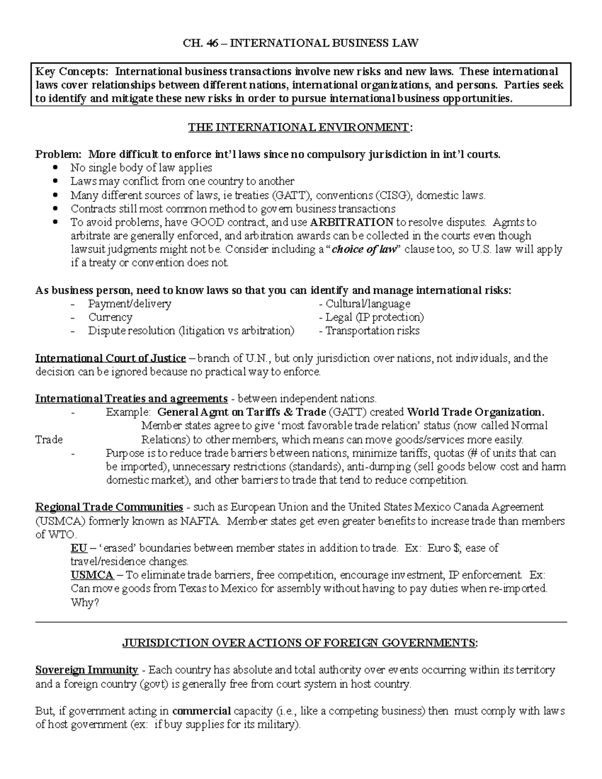 Ch 46 Notes - International Law - CH. 46 – INTERNATIONAL BUSINESS LAW ...