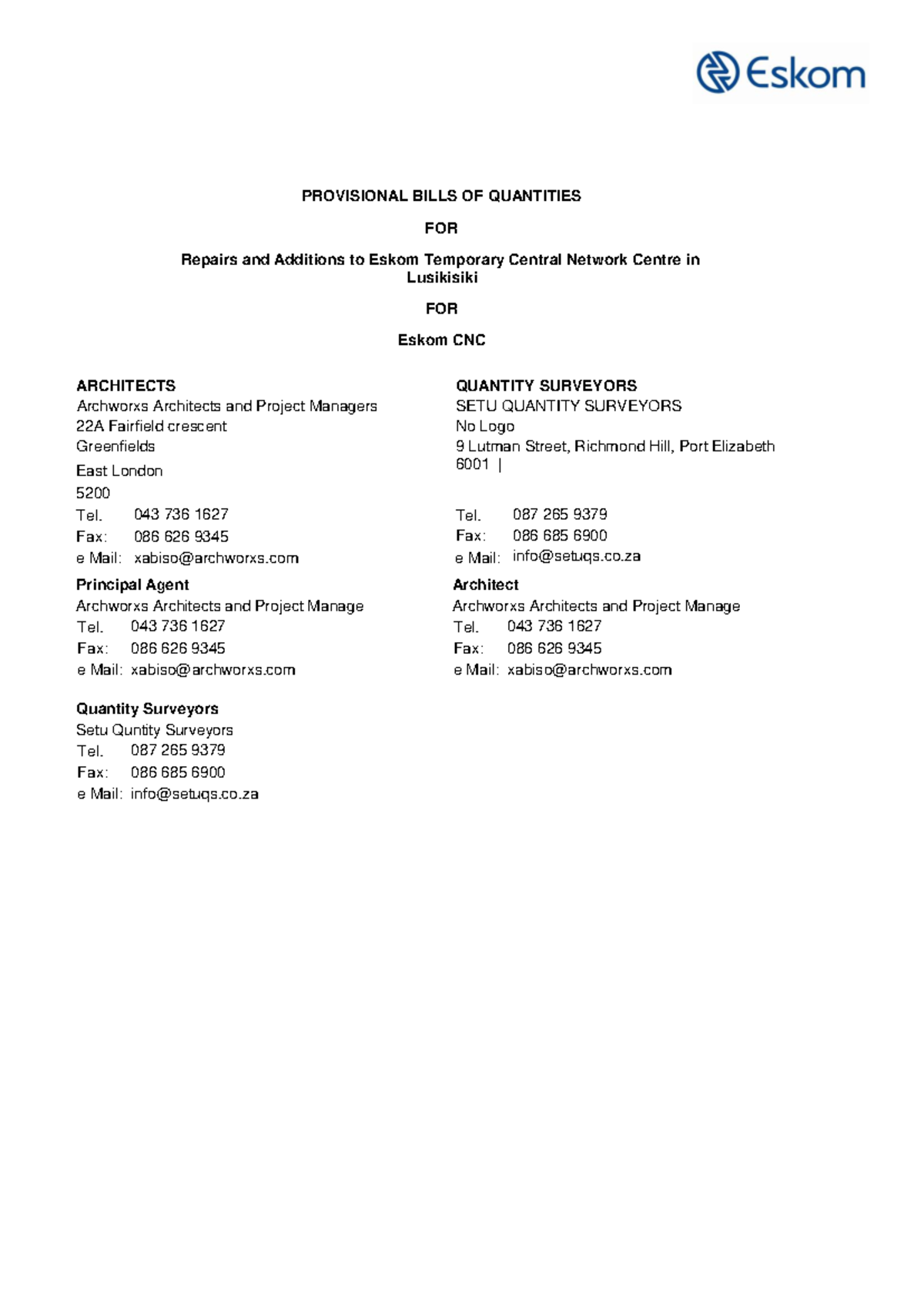 Eskom Technical Services Lusikisiki Temp - 2024 - Cost Estimate Rev 4 ...
