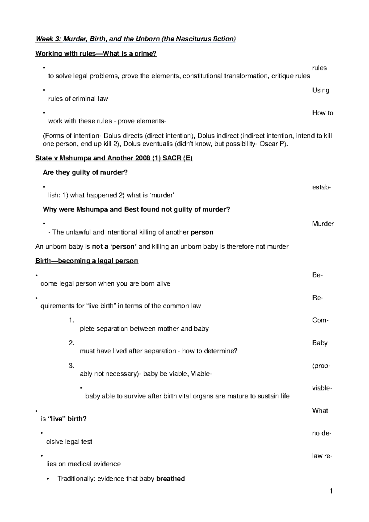 LPF Consolidation Notes - Week 3: Murder, Birth, and the Unborn (the ...