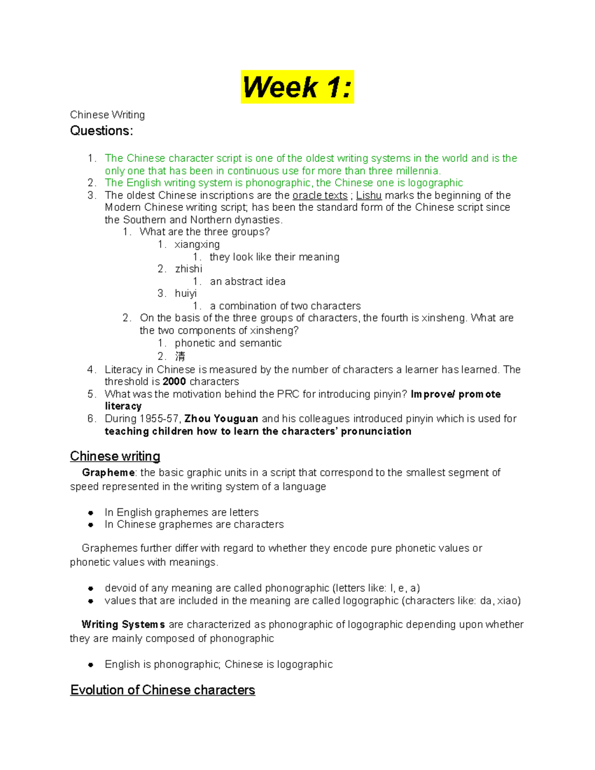 CHN 470 Notes - Week 1: Chinese Writing Questions: The Chinese ...