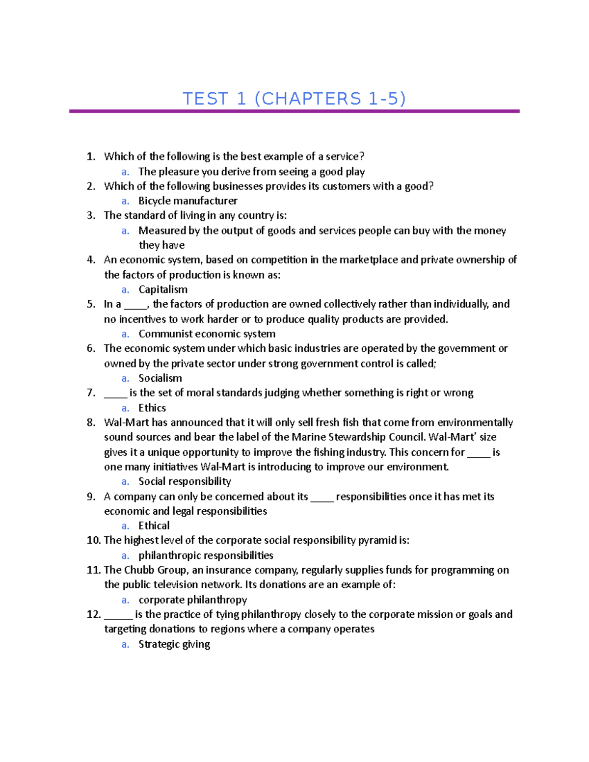 Test 1 - Test questions and answers - TEST 1 (CHAPTERS 1-5) Which of ...