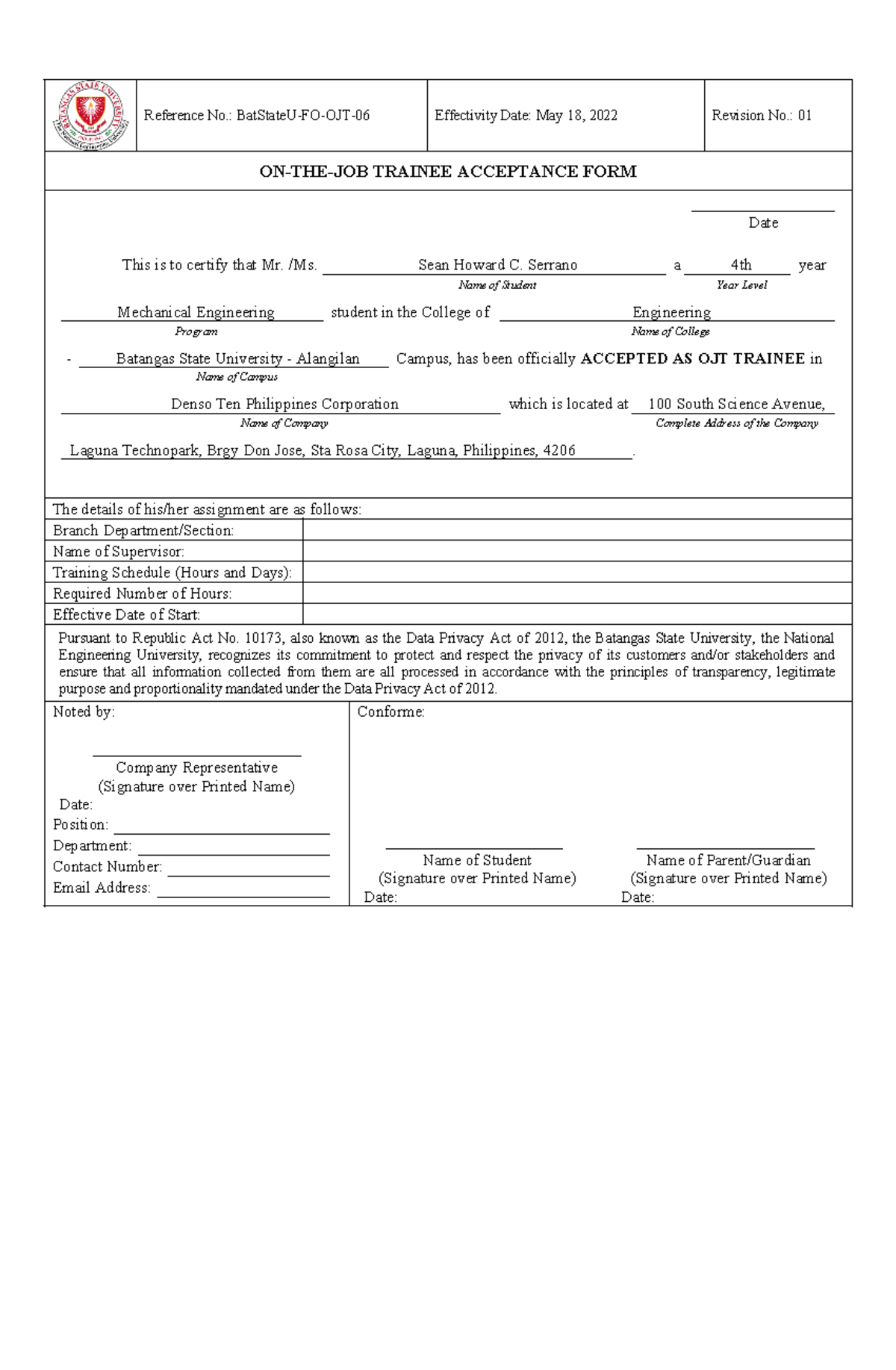 Bat State U-FO-OJT-06 On-the-Job-Trainee-Acceptance-Form Rev ...