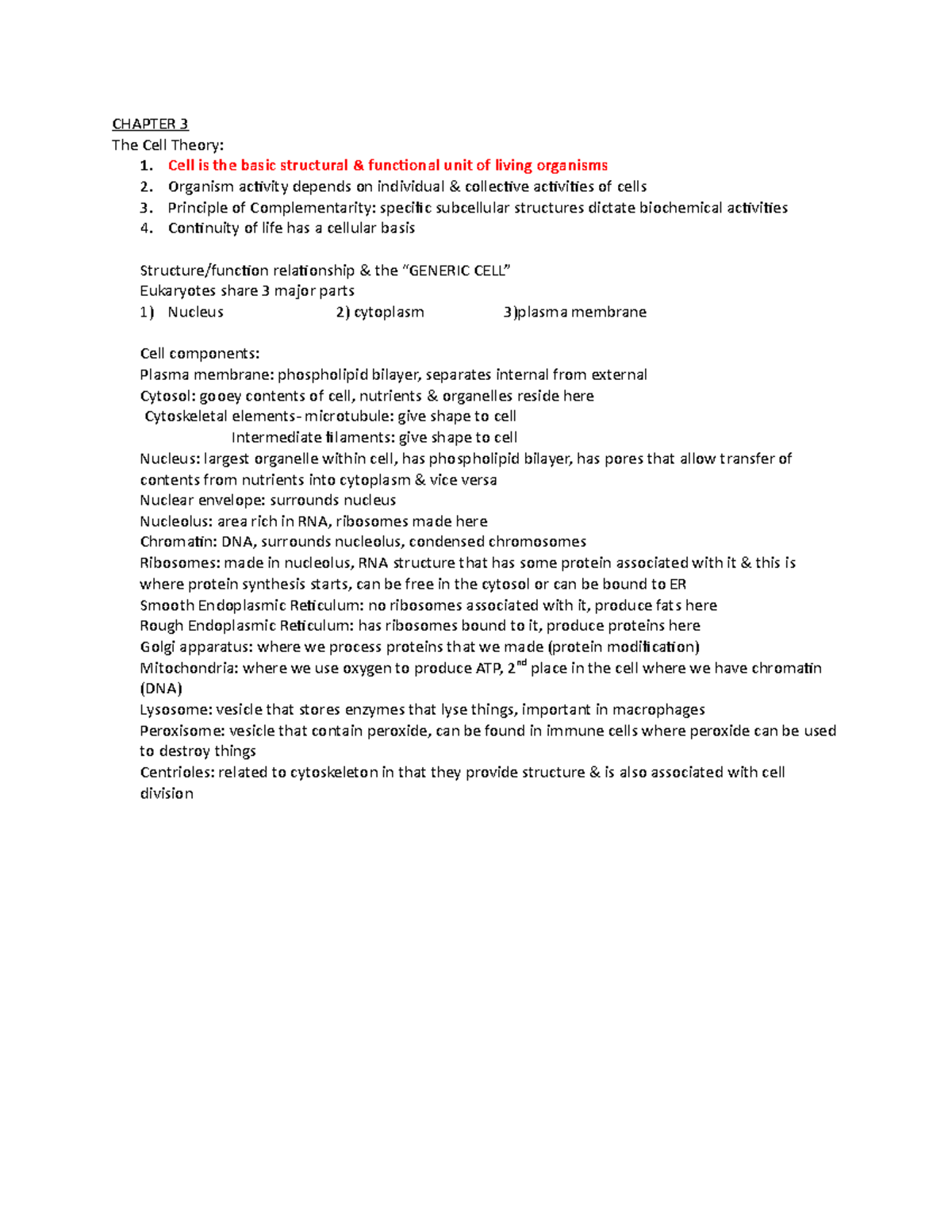 Chapter 3 Notes - CHAPTER 3 The Cell Theory: 1. Cell is the basic ...