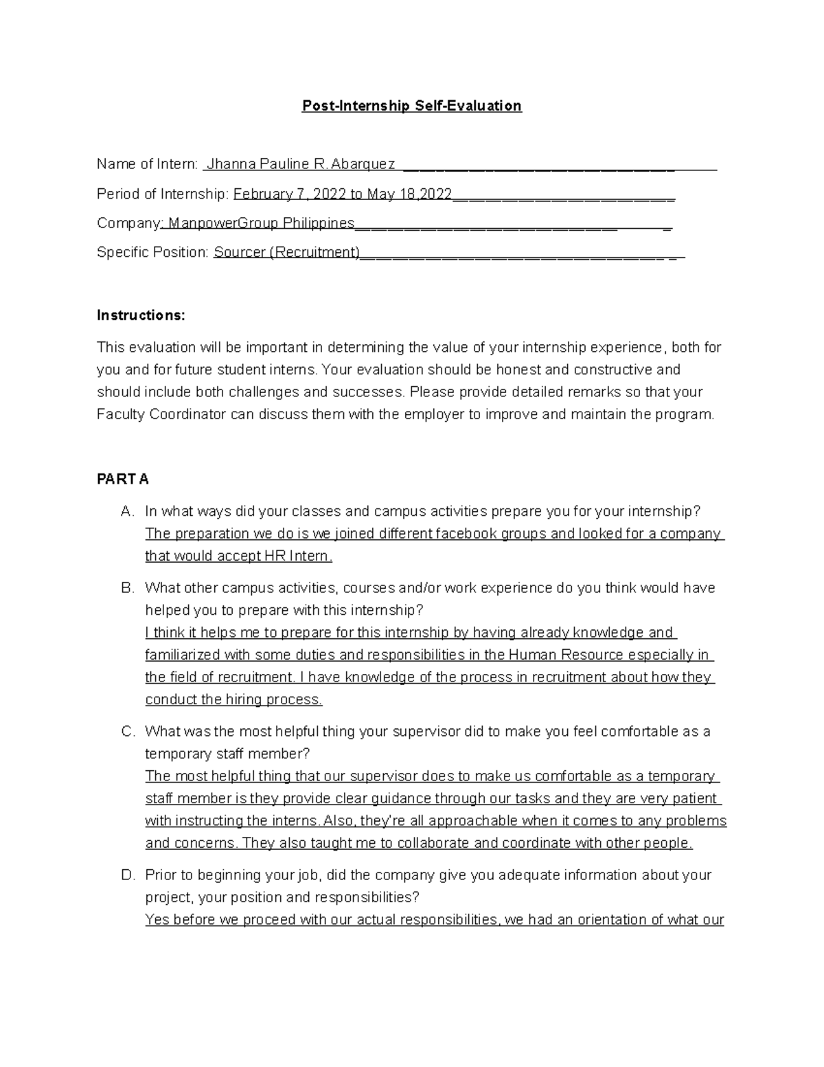 Abarquez Jhanna - Portfolio- PART A - Post-Internship Self-Evaluation ...
