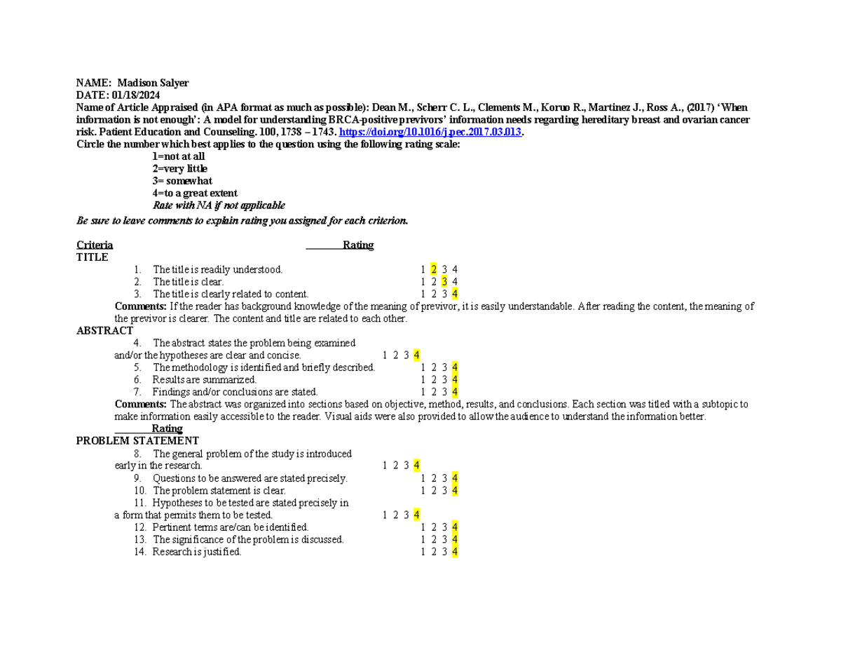 Research - Critical Appraisal - Dean - Critique - NAME: Madison Salyer ...