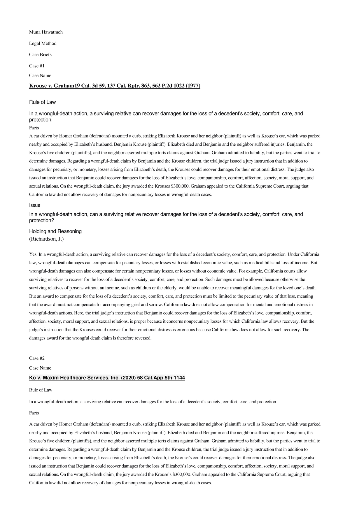 Case Briefes Assignment 2 - Muna Hawatmeh Legal Method Case Briefs Case ...